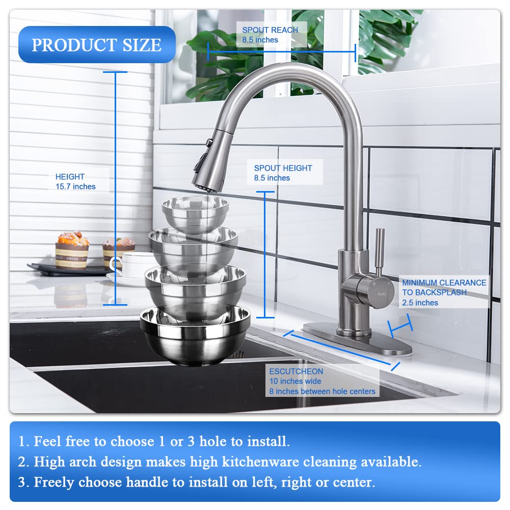 Arofa Kitchen Faucet with Pull Down Sprayer, Brushed Nickel Kitchen Sink Faucet Single Handle Stainless Steel for 1 or 3 Hole Farmhouse Camper Laundry Utility Rv Bar Sinks