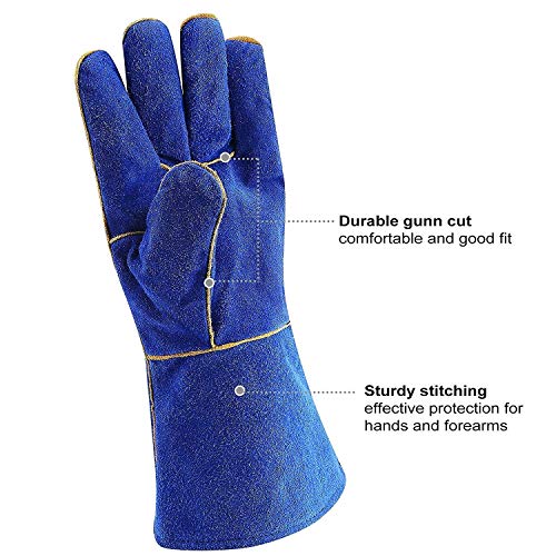 DEKO Welding Gloves 14 inch Leather Forge Heat Resistant Blue Welding Glove for Mig, Tig Welder, Furnace, Fireplace and More (Blue),Camping, Stove, BBQ