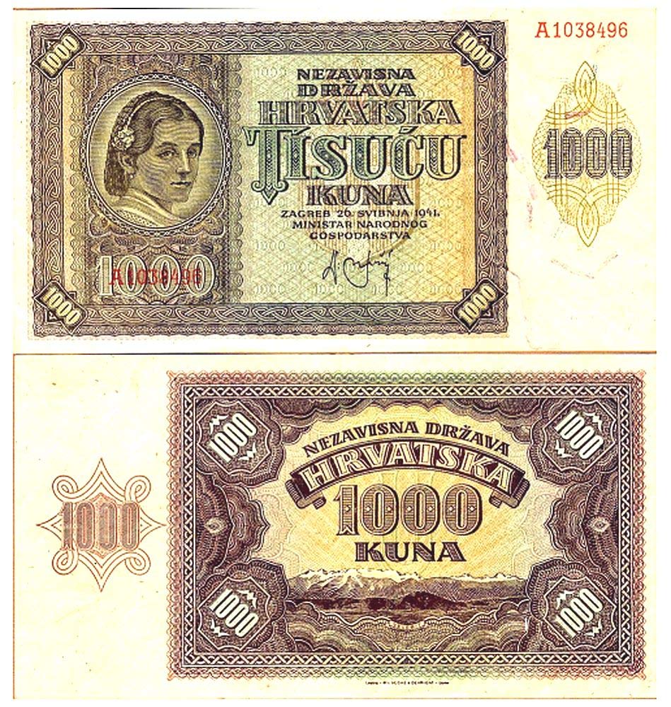 HR 1941 LG RARE NAZI-CONTROLLED WW2 CROATIA (YUGOSLAVIA) 1000 KUNA NOTE! Uncirculated