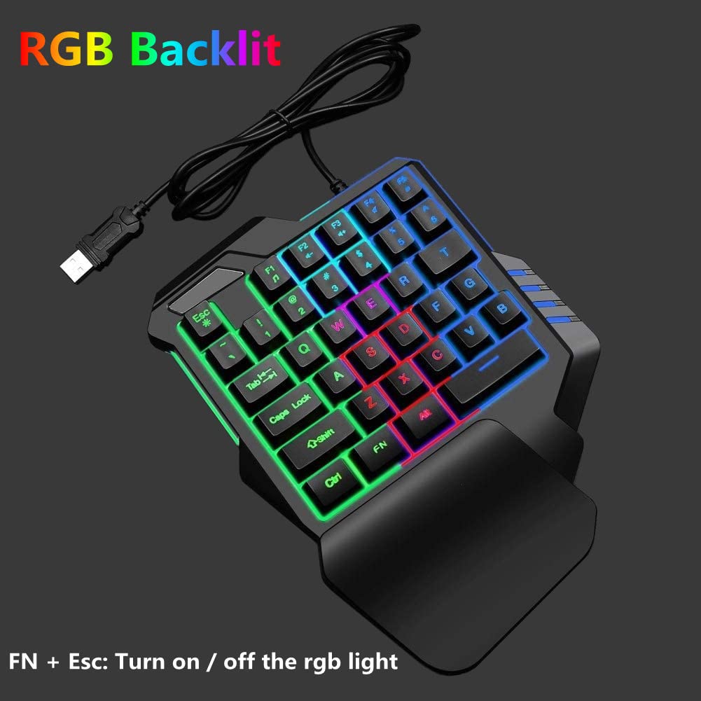 One Hand RGB Gaming Keyboard and Mouse Combo,USB Wired Gaming Keyboard with Wrist Rest and Backlit Gaming Mouse for Gaming,Ergonomic Mechanical Feeling Game Keyboard and Mouse