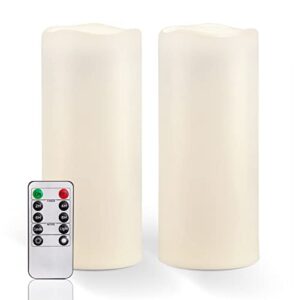 amagic 10” x 4” outdoor waterproof candles with remote control, battery operated large flameless candles with timer, won’t melt, long-lasting, ivory white, set of 2