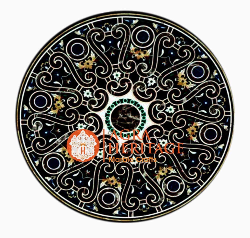 Black Marble Italian Round 36" Dining Center Table Top Scagliola Inlay Art Furniture