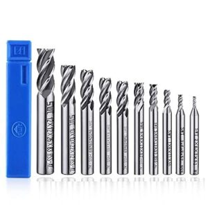 asnomy 10pcs 4-flute end mill set, metric cnc milling cutter drill bits router bits cutter tool set for wood aluminum steel titanium, straight shank 2-12mm