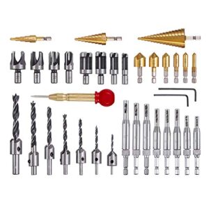 rocaris 34-pack woodworking chamfer drilling tool, 6pcs countersink drill bits, 7pcs countersink drill bit, 8pcs wood plug cutter, 1pcs center punch, 8pcs core drill bit set and 3pcs step drill bit