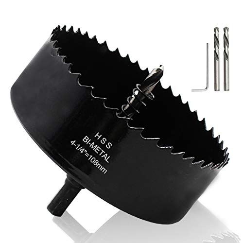 PHITUODA 4-1/4" / 108mm Hole Saw with Hex Shank Drill Bit Adapter, 38mm Cutting Depth HSS Bi-Metal Hole Cutter Corn Hole Saw for Recessed Light, Smoothly Cutting in Wood Plastic Drywall and Thin Metal