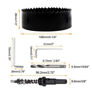 PHITUODA 4-1/4" / 108mm Hole Saw with Hex Shank Drill Bit Adapter, 38mm Cutting Depth HSS Bi-Metal Hole Cutter Corn Hole Saw for Recessed Light, Smoothly Cutting in Wood Plastic Drywall and Thin Metal