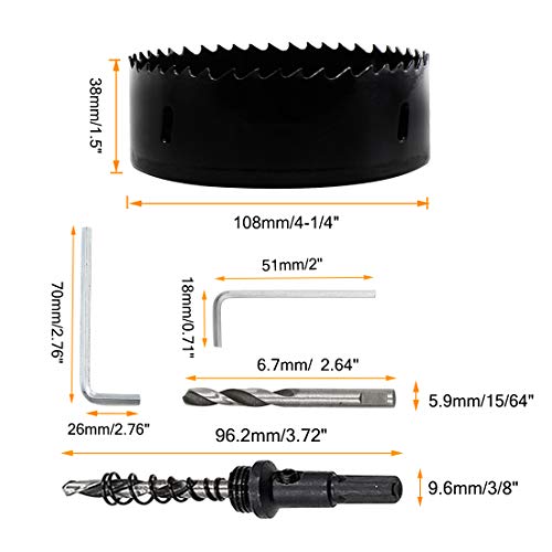 PHITUODA 4-1/4" / 108mm Hole Saw with Hex Shank Drill Bit Adapter, 38mm Cutting Depth HSS Bi-Metal Hole Cutter Corn Hole Saw for Recessed Light, Smoothly Cutting in Wood Plastic Drywall and Thin Metal