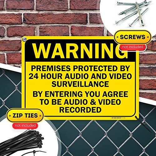 Warning 24 Hour Audio and Video Surveillance Sign,Made Out of .040 Rust-Free Yellow Aluminum, Indoor/Outdoor Use, UV Protected and Fade-Resistant, 10" x 14", by My Sign Center