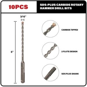 Sabre Tools 10-Pack SDS Plus 3/16" x 6" Rotary Hammer Drill Bits, Carbide Tipped for Brick, Stone and Concrete