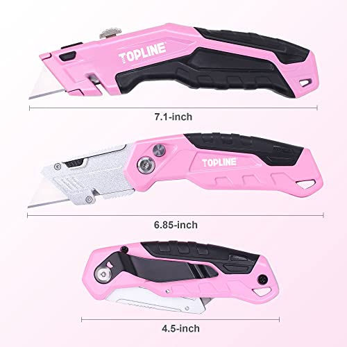 TOPLINE 2-Pack Pink Utility Knife Set, Retractable Pink Box Cutter and Pocket Folding Utility Knife, Blade Storage Design, 18-Piece SK5 Blades and a Dispenser Included