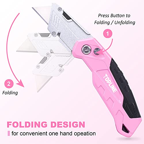 TOPLINE 2-Pack Pink Utility Knife Set, Retractable Pink Box Cutter and Pocket Folding Utility Knife, Blade Storage Design, 18-Piece SK5 Blades and a Dispenser Included