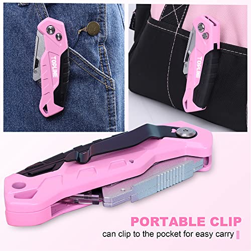 TOPLINE 2-Pack Pink Utility Knife Set, Retractable Pink Box Cutter and Pocket Folding Utility Knife, Blade Storage Design, 18-Piece SK5 Blades and a Dispenser Included