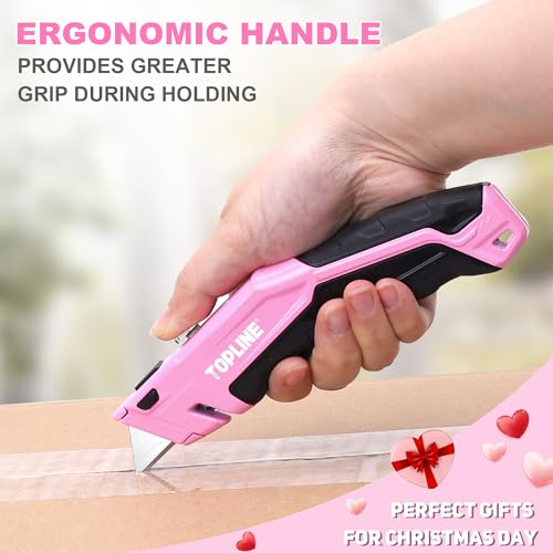 TOPLINE 2-Pack Pink Utility Knife Set, Retractable Pink Box Cutter and Pocket Folding Utility Knife, Blade Storage Design, 18-Piece SK5 Blades and a Dispenser Included