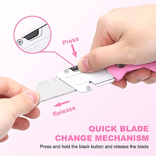 TOPLINE 2-Pack Pink Utility Knife Set, Retractable Pink Box Cutter and Pocket Folding Utility Knife, Blade Storage Design, 18-Piece SK5 Blades and a Dispenser Included