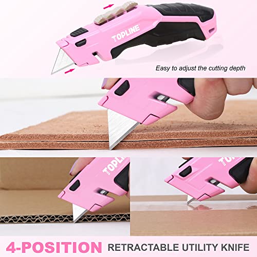 TOPLINE 2-Pack Pink Utility Knife Set, Retractable Pink Box Cutter and Pocket Folding Utility Knife, Blade Storage Design, 18-Piece SK5 Blades and a Dispenser Included