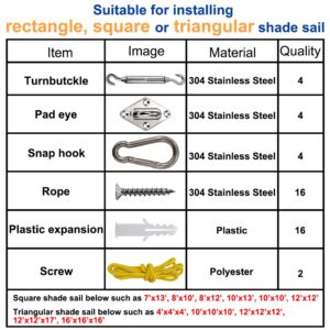 GoosWexmzl Shade Sail Hardware Kit, Stainless Steel Hardware Kit for Triangle Square Rectangle Sun Shade Sail Installation for Patio Lawn