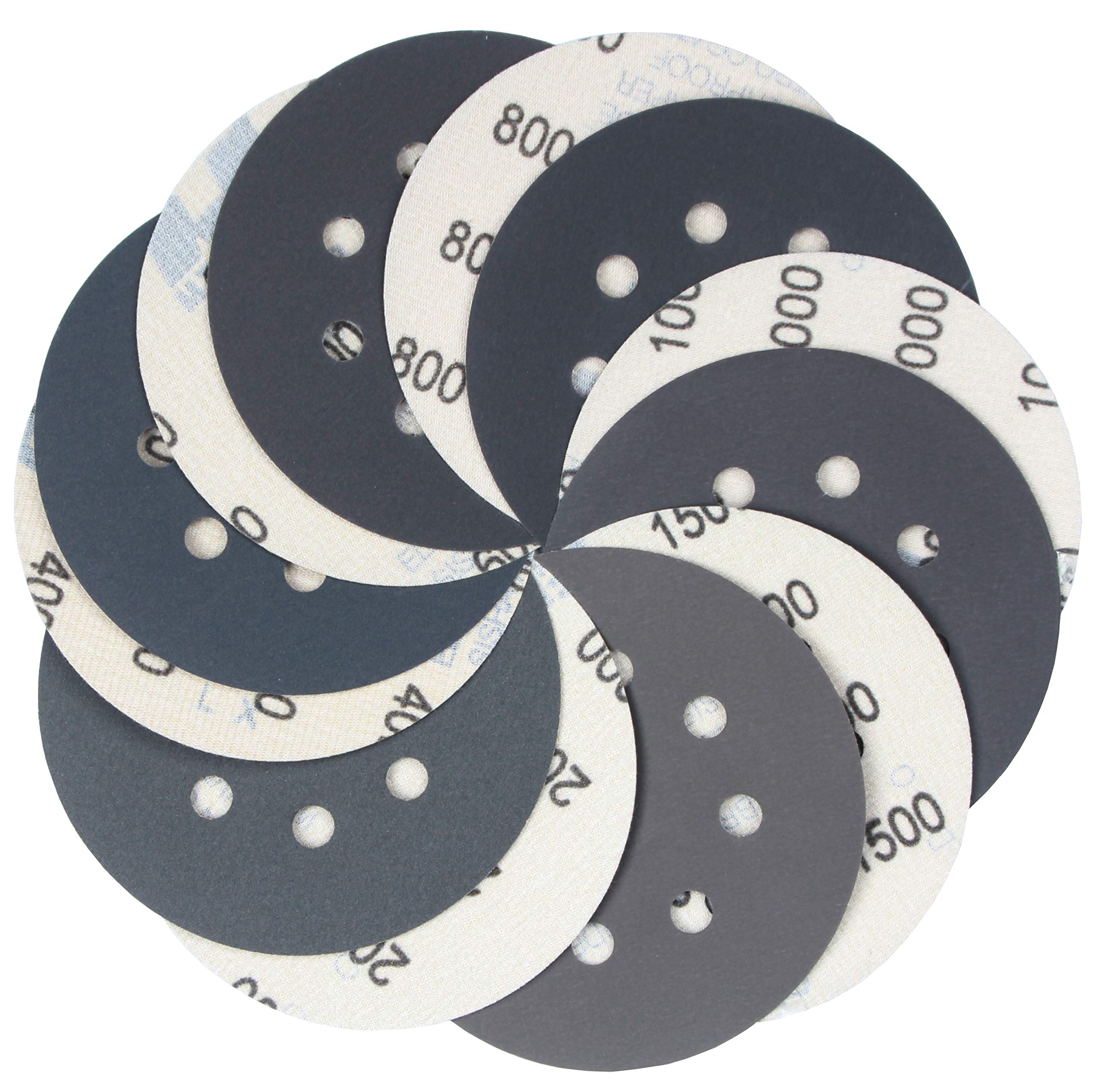 S&F STEAD & FAST 5 Inch Sanding Discs Hook & Loop 60pcs, Wet Dry Orbital Sander Sandpaper 400 600 800 1000 1500 2000 Grit, Silicon Carbide Assortment 8 Holes with Tack Cloth