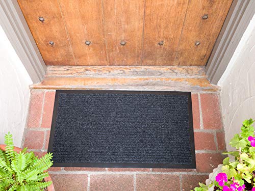 KAF Home Ribbed Door Mat, Durable Indoor Outdoor Entry Way Rug, Mud-Rooms, High Traffic Areas, Garages, Storefronts and Everyday Home Use, Gray Black