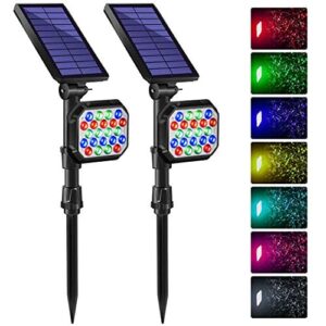 dbf 22 led solar spotlights outdoor waterproof, 7 color changing solar spot lights outdoor solar spotlight landscape lights, 600lm solar christmas lights for garden yard patio 2 pack