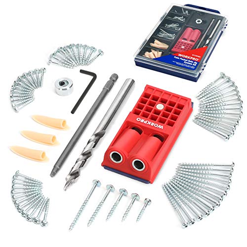 WORKPRO 125 Pieces Drill Jig Kit, Full Pocket Hole Jig with 100 Self Tapping Screws and 20 Plugs - Carpentry Guide, Oblique Hole Positioner Ideal for Woodworking