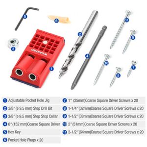 WORKPRO 125 Pieces Drill Jig Kit, Full Pocket Hole Jig with 100 Self Tapping Screws and 20 Plugs - Carpentry Guide, Oblique Hole Positioner Ideal for Woodworking