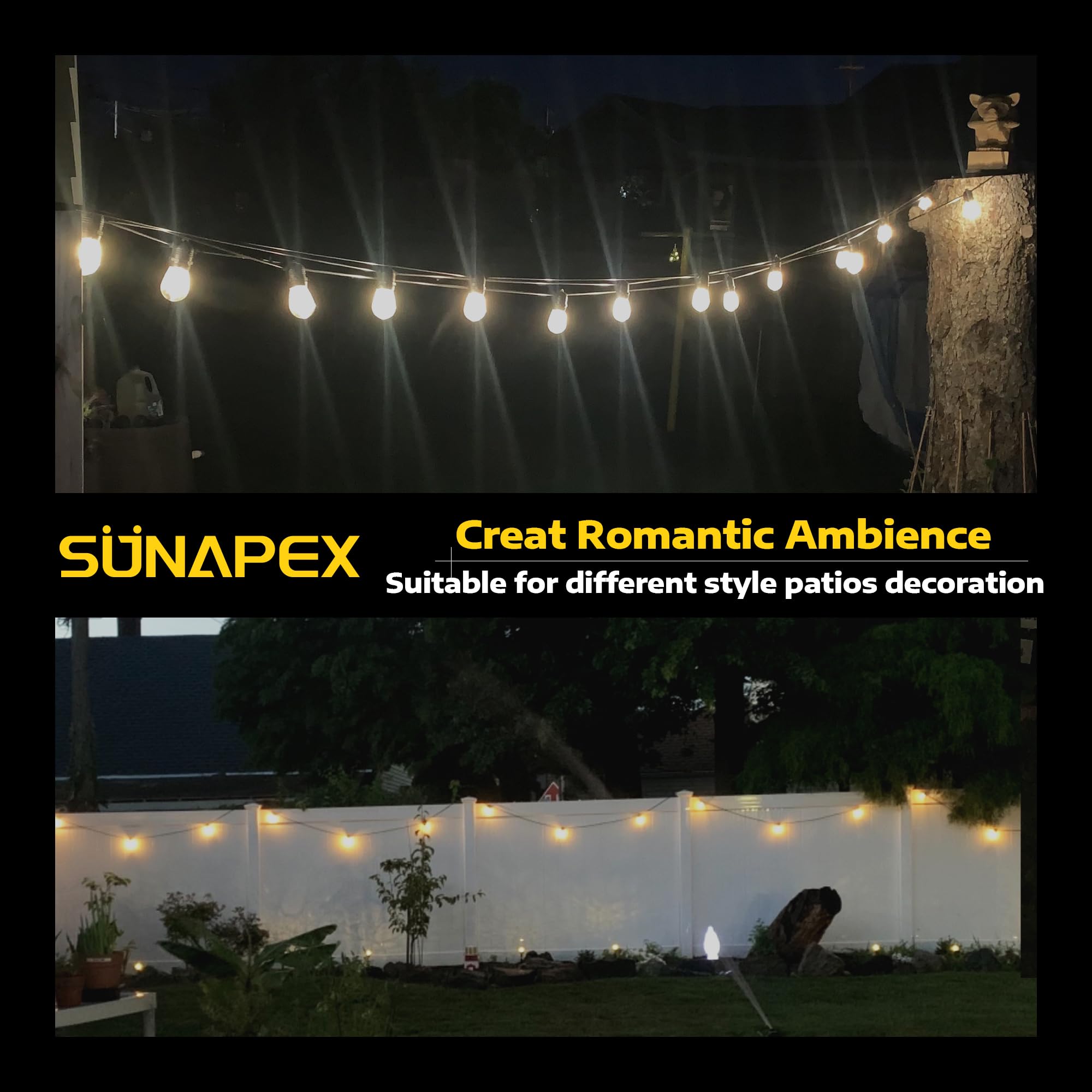 SUNAPEX Solar String Lights Outdoor Waterproof,48FT Solar Patio Lights with Shatterproof Edison Bulbs,Outdoor String Lights Solar Powered for Patio,Camping,Backyard