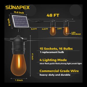 SUNAPEX Solar String Lights Outdoor Waterproof,48FT Solar Patio Lights with Shatterproof Edison Bulbs,Outdoor String Lights Solar Powered for Patio,Camping,Backyard