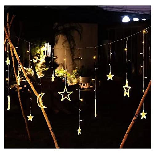 HORAVA Star Solar Lights Outdoor 138LED Solar Powered Curtain Lights Window Lights Solar Led String Lights Twinkle Star Moon Fairy Lights for Backyard Garden Patio Home Christmas Holiday Decoration