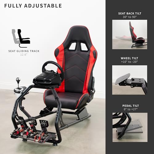 VIVO Racing Simulator Cockpit with Wheel Stand, Gear Mount, Chair and Frame Only, Fits Logitech, Thrustmaster, Fanatec, Compatible with Xbox One, Playstation, PC Video Game, Red Stripe, STAND-RACE1B