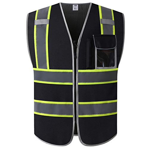 JKSafety 3 Pockets High Visibility Zipper Front Safety Vest MESH Lite | Black with Dual Tone High Reflective Strips | Meets ANSI/ISEA Standards (99-Black, Medium)