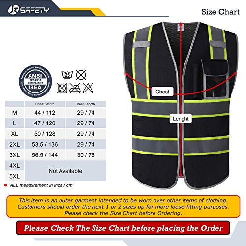 JKSafety 3 Pockets High Visibility Zipper Front Safety Vest MESH Lite | Black with Dual Tone High Reflective Strips | Meets ANSI/ISEA Standards (99-Black, Medium)