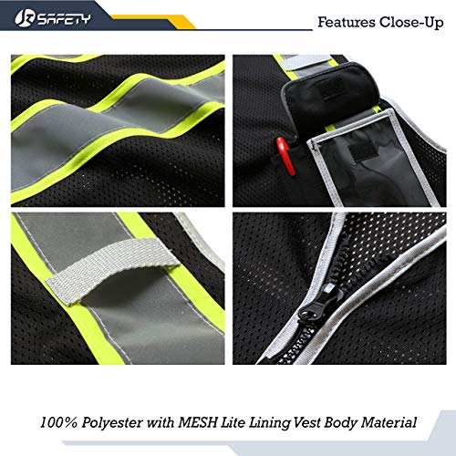 JKSafety 3 Pockets High Visibility Zipper Front Safety Vest MESH Lite | Black with Dual Tone High Reflective Strips | Meets ANSI/ISEA Standards (99-Black, Medium)