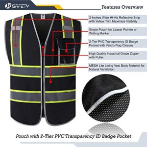 JKSafety 3 Pockets High Visibility Zipper Front Safety Vest MESH Lite | Black with Dual Tone High Reflective Strips | Meets ANSI/ISEA Standards (99-Black, Medium)