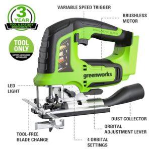 Greenworks 24V Brushless 1" Cordless Jig Saw (3,000 SPM / 4 Settings / LED Light), Tool Only