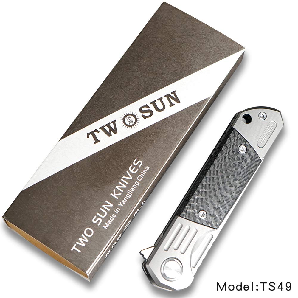 Twosun TS49 Gentleman Folding Pocket Knife with Clip,D2 Stainless steel Blade,Ball Bearing Washer Carbon fiber Titanium Handle