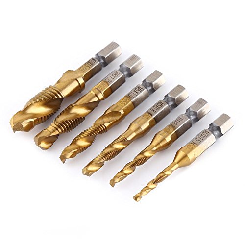 Drill Tap Kit, 6pcs Combination Drill and Tap Bit Set, Metric Thread HSS M3-M10 Screw Tapping Tool 1/4" Hex Shank, Spiral Flutes Design