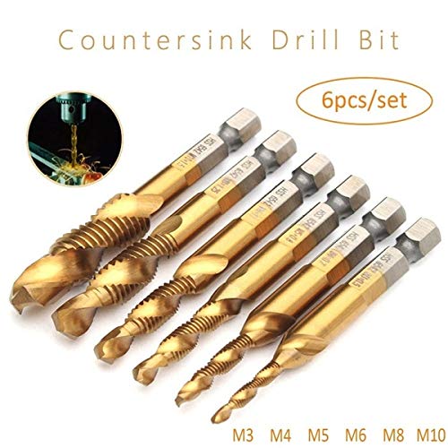 Drill Tap Kit, 6pcs Combination Drill and Tap Bit Set, Metric Thread HSS M3-M10 Screw Tapping Tool 1/4" Hex Shank, Spiral Flutes Design