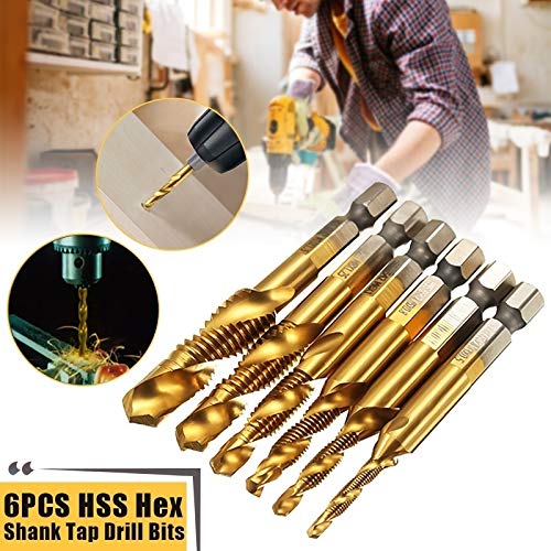 Drill Tap Kit, 6pcs Combination Drill and Tap Bit Set, Metric Thread HSS M3-M10 Screw Tapping Tool 1/4" Hex Shank, Spiral Flutes Design