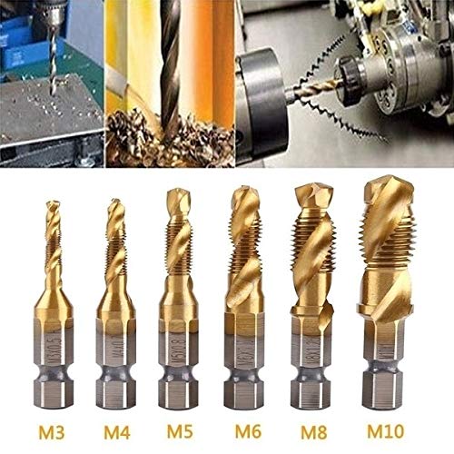 Drill Tap Kit, 6pcs Combination Drill and Tap Bit Set, Metric Thread HSS M3-M10 Screw Tapping Tool 1/4" Hex Shank, Spiral Flutes Design