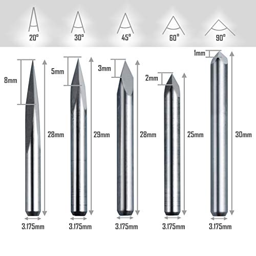 10pcs CNC Router V Bits, 3 Edge Pyramid Engraving, 1/8" Shank CNC 3D Milling Cutter| 20/30/45/60/90 Degrees, 0.1mm Tip