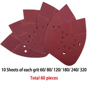 AUSTOR 60 Pieces Mouse Detail Sanding Sheets Pads 12 Holes Hook and Loop Sander Sandpaper Assorted 60/80/ 120/180/ 240/320 Grits to Fit for Black and Decker Detail Palm Sander