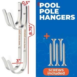 Never Rust Pool Pole Hangers - 2 ProTuff Heavy Duty Double Hooks w/Unlimited Free Replacements - Ideal Pool Fence Hooks for Pool Equipment, Brush, Vacuum Hose, Skimmer & Garden Tool Organizer