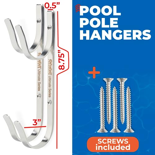 Never Rust Pool Pole Hangers - 2 ProTuff Heavy Duty Double Hooks w/Unlimited Free Replacements - Ideal Pool Fence Hooks for Pool Equipment, Brush, Vacuum Hose, Skimmer & Garden Tool Organizer