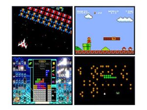 super mario bros, tetris, centipede, galaga - iconic arcade video games wall art decor set - 8x10 prints for man cave, den, family room, bar, bedroom - gift for men, teens, boys, gamers, gaming fans