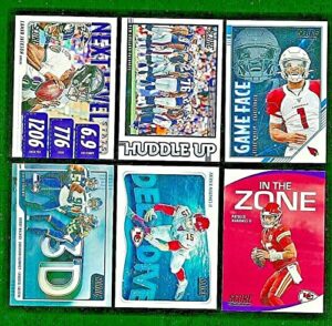 2020 score retail nfl football complete insert sets - 100 different cards. overall condition nm or better. these retail specific sets (3d 15 cards - deep dive 10 cards - game face 15 cards - huddle up 10 cards - in the zone 25 cards - next level stats 25