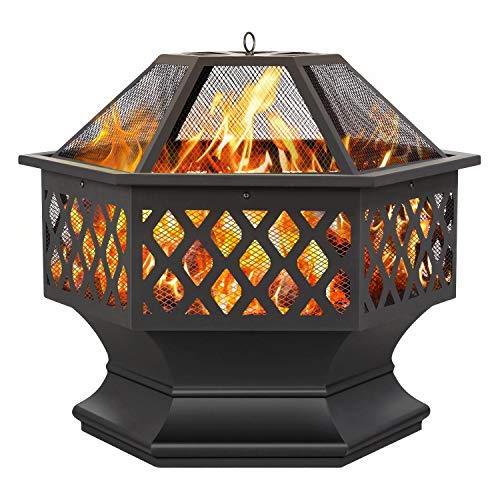 Topeakmart Portable Fire Pit Outdoor Firepit with Mesh Sides Cover Poker Steel Heater Fireplace Wood Burning Pit Hexagon Shaped Fireplace Metal Brazier 24in