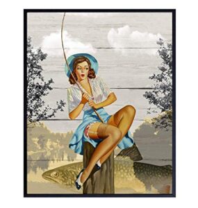 rustic fishing pinup girl art print - retro vintage 1950s wall art poster - shabby chic home decor for beach or lake house, den, man cave - gift for fisherman, 8x10 photo unframed