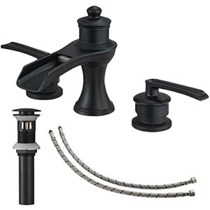 bathlavish matte black bathroom faucet 3 hole waterfall widespread with pop up drain farmhouse 8 inch 2-handle with overflow vanity sink lavatory matte 3 piece set