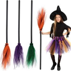 3 pieces halloween witch broom plastic witch broomstick kids broom props witch broom party decoration for halloween costume decoration, 3 colors (green, purple, orange)