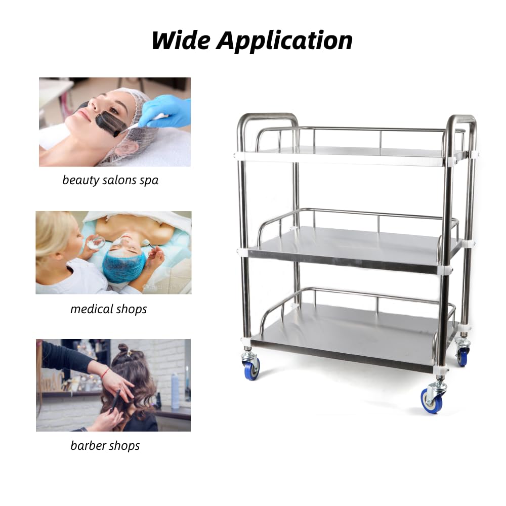 3 Layers Cart Trolley,Lab 3 Layers Clinic Serving Cart Trolley Medical Cart Stainless Steel Serving Lab Cart Equipment Clinic's Kitchen Mobile Utility Rolling Carts with Wheel